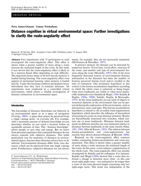 Pdf Distance Cognition In Virtual Environmental Space Further