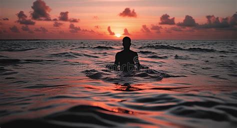 Silhouette Swimming At Sunset With Vibrant Reflections Stock