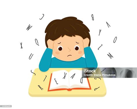 난독증으로 고통받는 아이는 책을 읽는 데 어려움을 겪고 있습니다 책상에서 열심히 숙제를 하는 어린 소년을 스트레스 난독증 장애 개념 흰색 배경에 격리된 벡터 그림 아이에