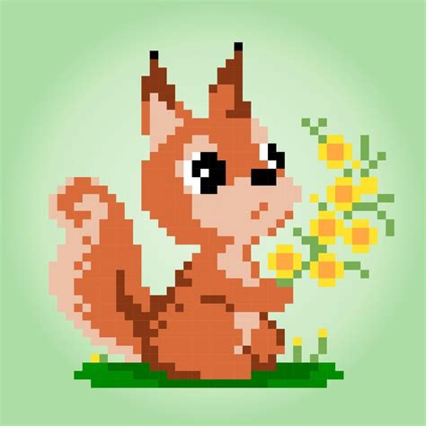8 bit pixel of squirrel holding flower. Animal pixel for game assets and Cross Stitch patterns ...