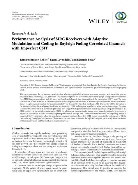 Pdf Performance Analysis Of Mrc Receivers With Adaptive Modulation And Coding In Rayleigh