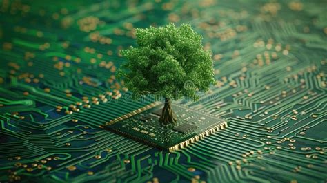 Green Computing Depicted As A Tree Sprouting At The Convergence Of A Computer Circuit Board Ai