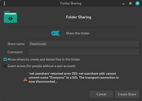 net usershare returned error 255 sharing files from the file