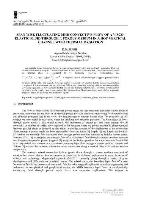 Pdf Span Wise Fluctuating Mhd Convective Flow Of A Viscoelastic Fluid Through A Porous Medium