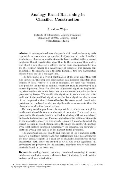Pdf Analogy Based Reasoning In Classiﬁer Constructionawojnapaperswojnaanalogypdf · Analogy