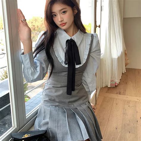 젤블 프릴리본 포인트 셔츠 플리츠 스커트 미니 원피스 메이드룩 정장 러블리 하객룩sml 봄가을 위시버킷