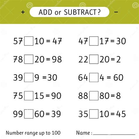 Add Or Subtract Number Range Up To 100 Addition And Subtraction Mathematical Exercises Stock