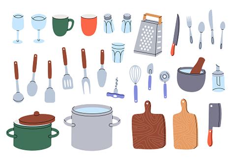 주방 용품 세라믹 접시 머그잔 컵 와인 잔 프라이팬 체 소쿠리 주방 장갑 요리 장갑 강철 강판 박격포 롤링 핀 강판에 대한 스톡 벡터 아트 및 기타 이미지 Istock