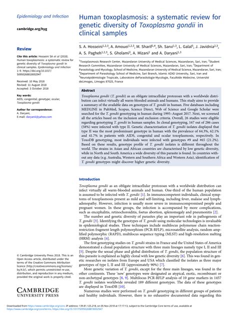 Pdf Human Toxoplasmosis A Systematic Review For Genetic Diversity Of Toxoplasma Gondii In