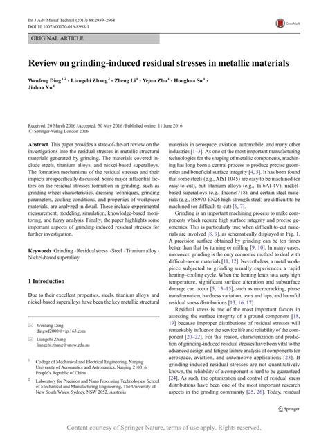 Review On Grinding Induced Residual Stresses In Metallic Materials Request Pdf