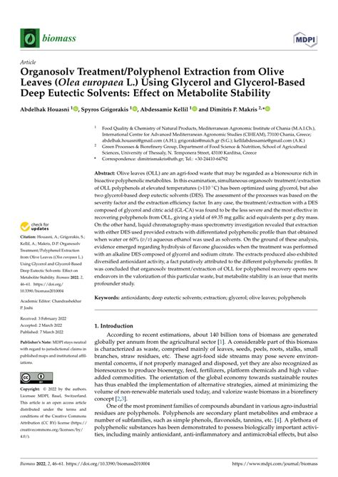 Pdf Organosolv Treatmentpolyphenol Extraction From Olive Leaves