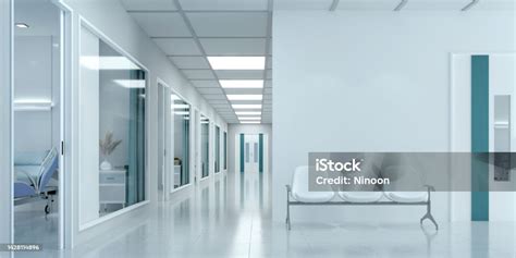 대기실과 병실에 병원 침대가있는 현대 병원의 빈 복도3d 렌더링 병원에 대한 스톡 사진 및 기타 이미지 병원 대합실