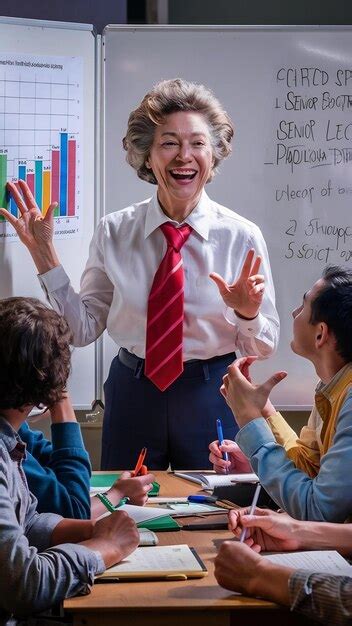 Happy Senior Lecturer Explaining Bar Chart Premium Ai Generated Image