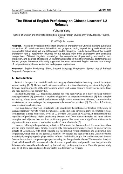 Pdf The Effect Of English Proficiency On Chinese Learners L2 Refusals