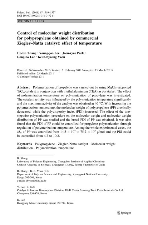 Pdf Control Of Molecular Weight Distribution For Polypropylene Obtained By Commercial Ziegler