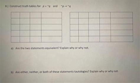 solved 8 construct truth tables for p∨∼q and ∼p→∼q a are