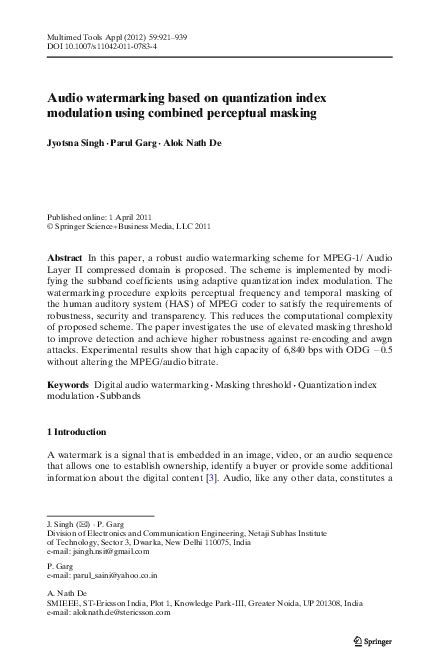 Pdf Audio Watermarking Based On Quantization Index Modulation In The