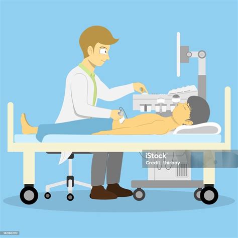 의사가 초음파 기계를 사용하여 침대에 누워 있는 환자의 위를 검사하고 있습니다 2명에 대한 스톡 벡터 아트 및 기타 이미지