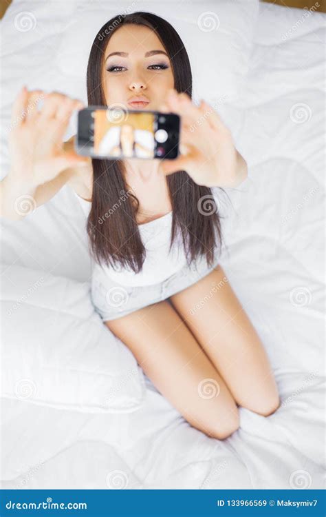Good Morning Young Happy Woman Taking Selfie With Mobile Phone In