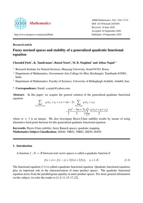 PDF Fuzzy Normed Spaces And Stability Of A Generalized Quadratic Functional Equation