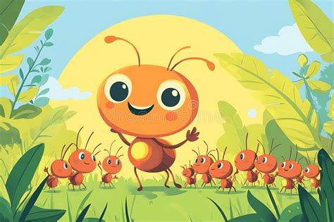 Cartoon Ants Happily March Through Lush Greenery With A Large Ant