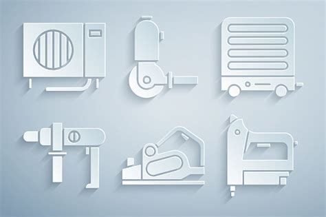 전기 플래너 도구 히터 드릴 머신 건설 스테이플러 앵글 그라인더 및 에어컨 아이콘을 설정합니다 벡터 3차원 형태에 대한 스톡 벡터 아트 및 기타 이미지 Istock