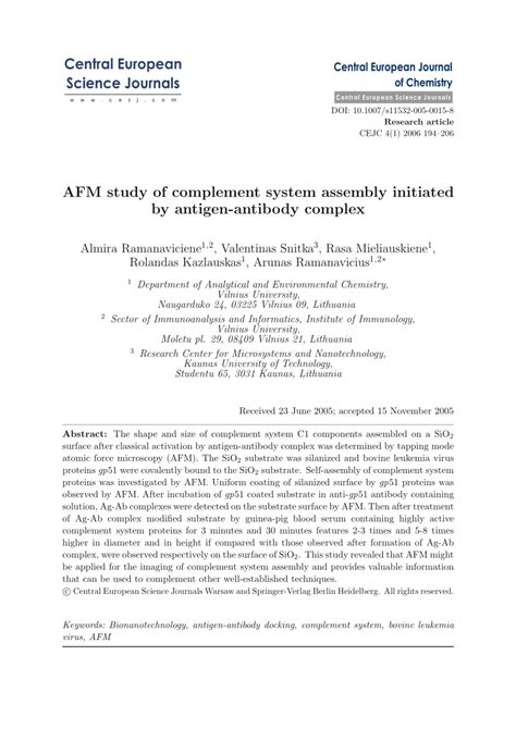 Pdf Afm Study Of Complement System Assembly Initiated By Antigen