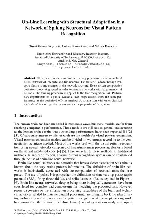 Pdf On Line Learning With Structural Adaptation In A Network Of Spiking Neurons For Visual