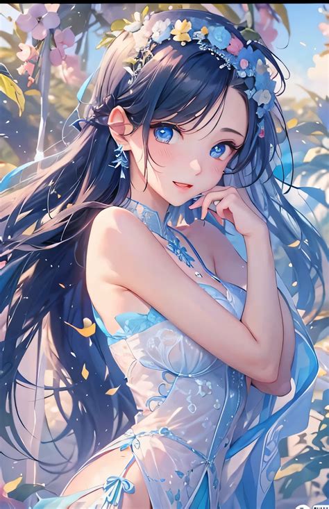 정원에서 포즈를 취하는 긴 머리와 파란 눈을 가진 애니메이션 소녀 Seaart Ai