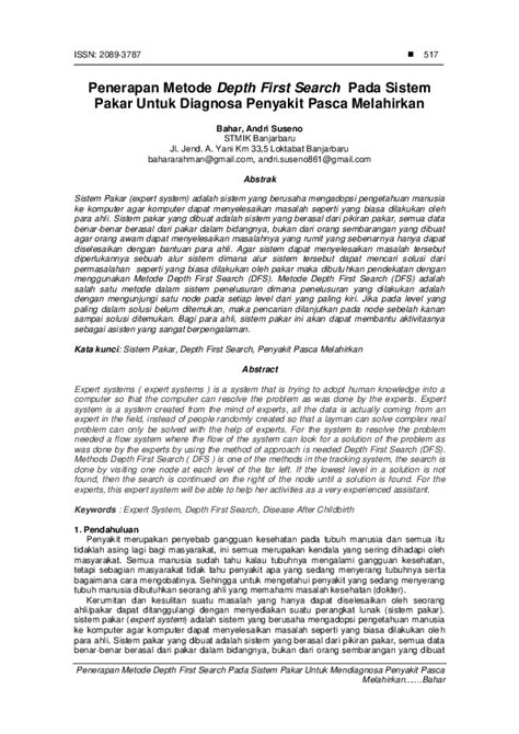 Pdf Penerapan Metode Depth First Search Pada Sistem Pakar Untuk