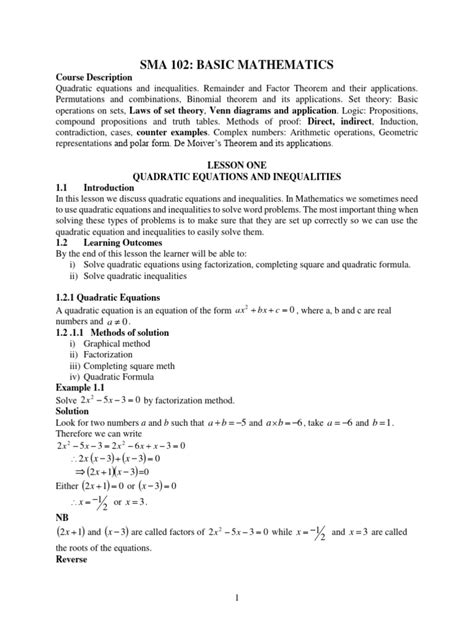 Sma 102 Notes Pdf Factorization Quadratic Equation