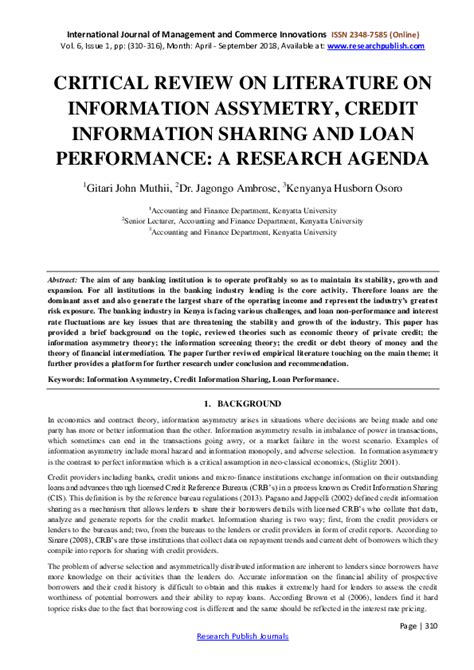 Pdf Critical Review On Literature On Information Assymetry Credit Information Sharing And