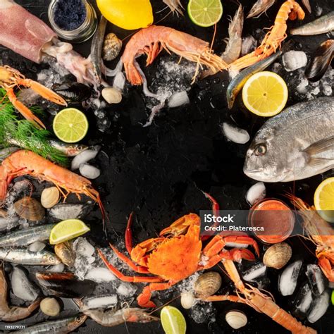 물고기와 해산물 의 다양한 사각형 플랫 레이 상단 샷 어두운 배경에 복사 공간이있는 프레임 도미 새우 새우 게 정어리 오징어 홍합 및 기타 신선한 식품 0명에 대한 스톡