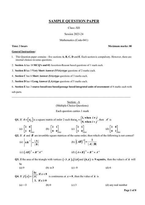 Cbse Class 12 Sample Papers For Maths