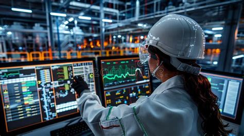 A Female Engineer In A White Lab Coat And Hardhat Monitors Data On Multiple Computer Screens