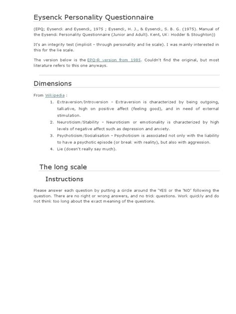 Eysenck Personality Questionnaire Pdf Extraversion And Introversion Emotions