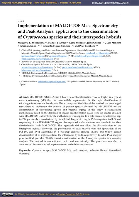 Pdf Implementation Of Maldi Tof Mass Spectrometry And Peak Analysis