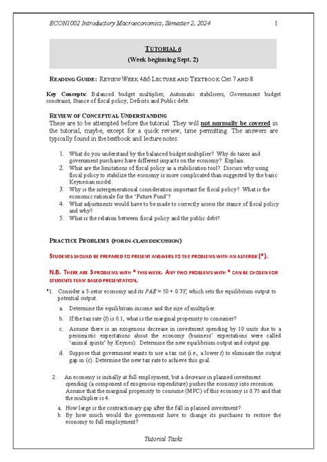 Tutorial Week 6 Based On Week 5 Lecture Econ1002 Introductory