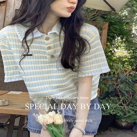 데일리나인 무료배송 Dn9ne 여성 여름 파스텔톤 단가라 반팔티 카라 반팔 티셔츠 여자 니트 티셔츠