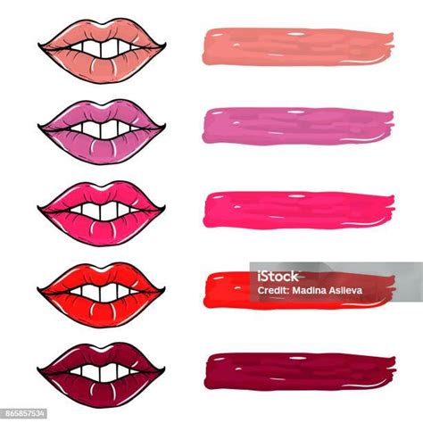 손으로 그린된 여자 립스틱 차트 색상표입니다 광택과 광택 립스틱입니다 패션 및 뷰티 추세 합니다 단일 객체에 대한 스톡 벡터