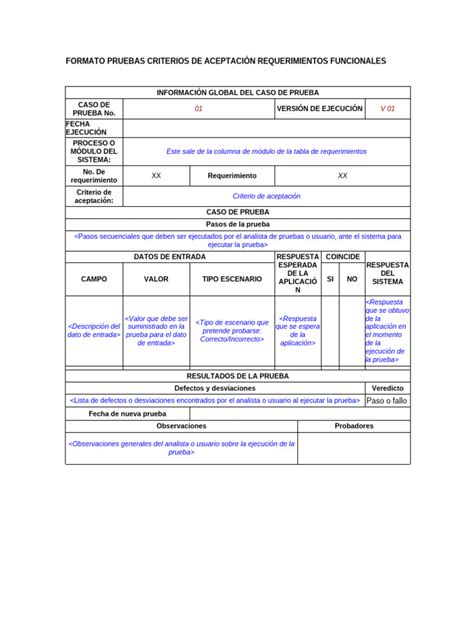 Formato Pruebas Criterios De Aceptación Requerimientos Funcionales Pdf