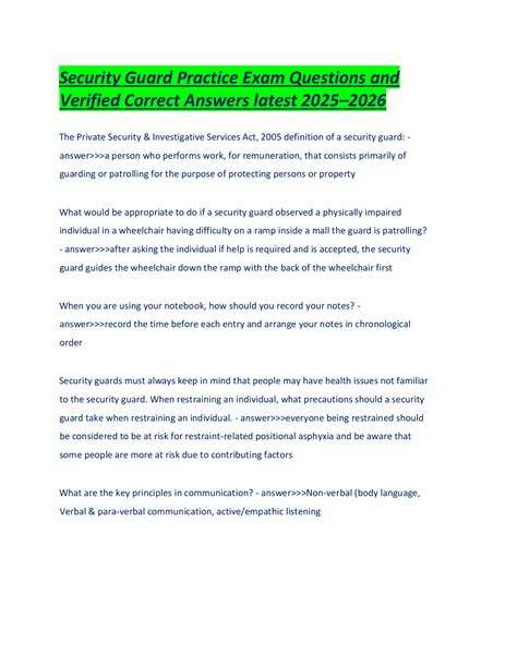 Security Guard Practice Exam Questions And Verified Correct Answers Latest 2025 2026 Pdf Exams