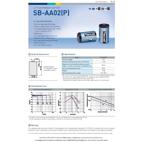 Tekcell Sb Aa02 12 Aa 36v Primary Lithium Battery
