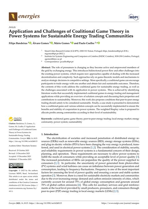 Pdf Application And Challenges Of Coalitional Game Theory In Power Systems For Sustainable