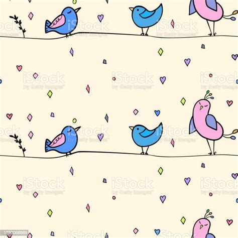 전선에 앉아 재미 다채로운 새와 원활한 패턴 작은 만화 새와 색상 플랫 벡터 일러스트 귀여운 캐릭터 초대 전단지 섬유 어린이를