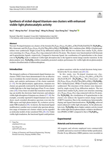 Synthesis Of Nickel Doped Titanium Oxo Clusters With Enhanced Visible Light Photocatalytic