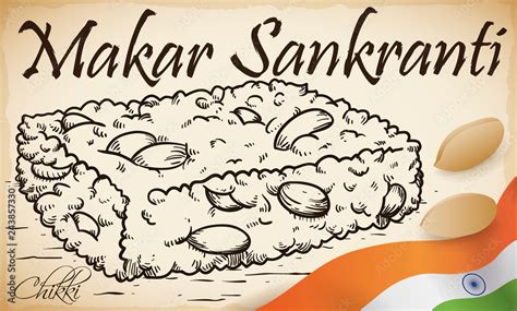 Chikki Draw With Peanuts And India Flag For Makar Sankranti Vector Illustration Stock Vector