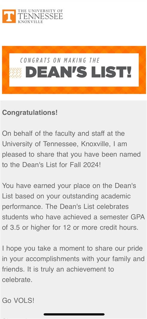 Proud To Share That I Have Made The University Of Tennessee Knoxville Deans List For 6