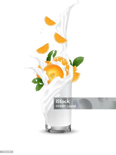 소용돌이 유리에 튀는 오렌지 과일 주스 오렌지 조각 컵에 떨어지는입니다 유리 우유 주스 튀는입니다 칵테일 믹스입니다 벡터입니다