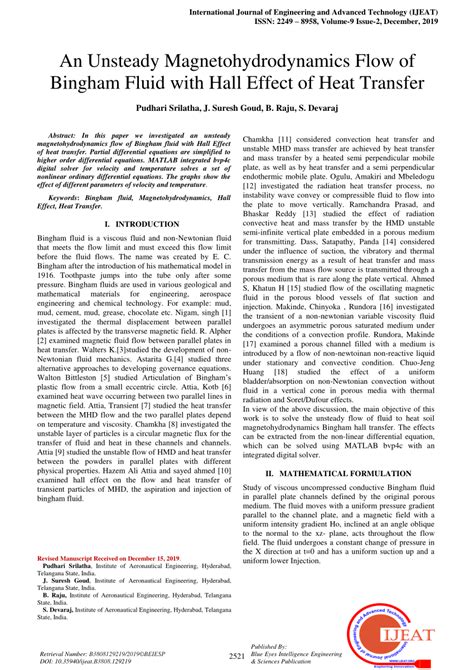 Pdf An Unsteady Magnetohydrodynamics Flow Of Bingham Fluid With Hall Effect Of Heat Transfer